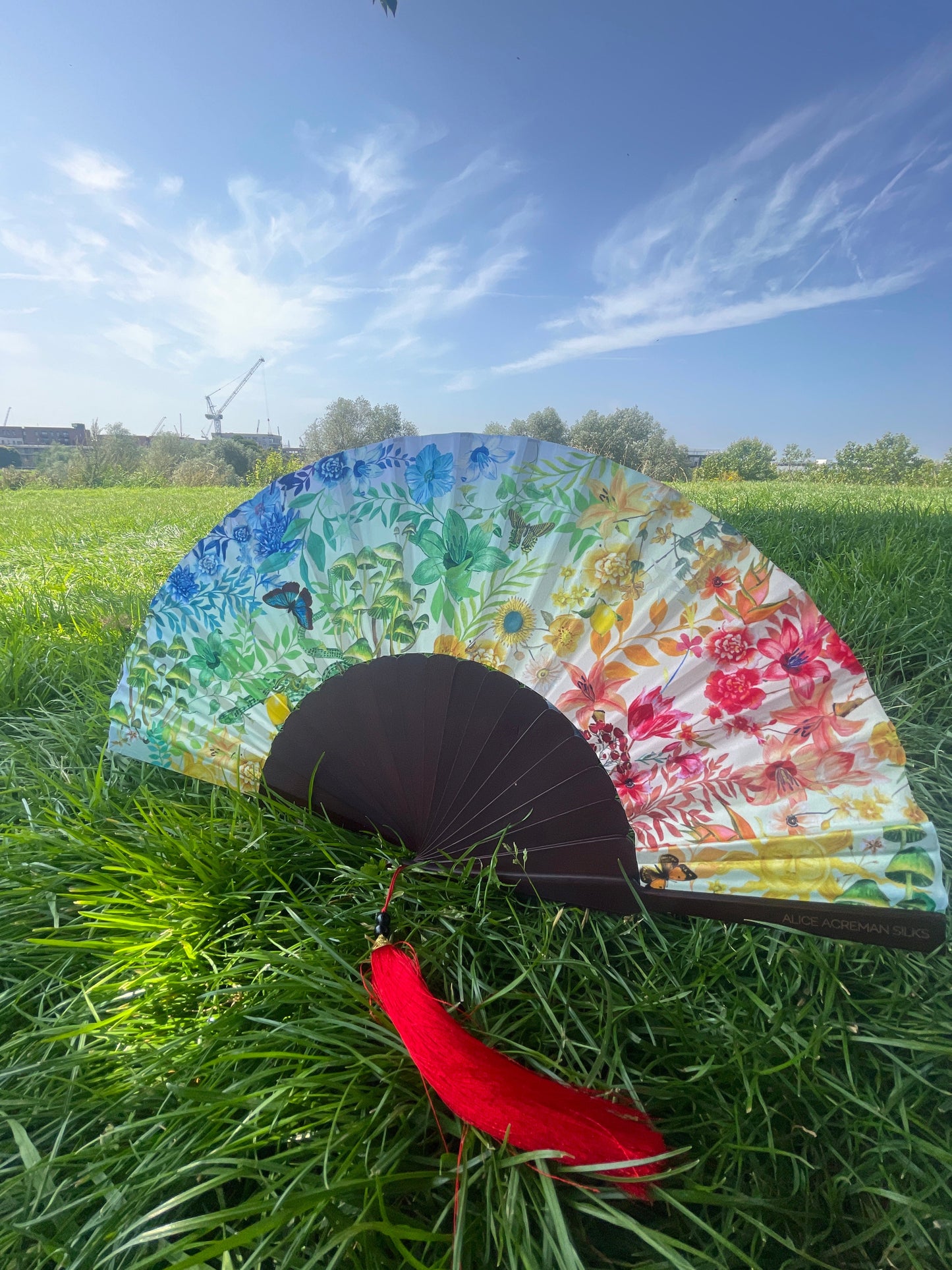 Colourful Silk folding hand fan 'kaleido-bloom' print with floral & na ...