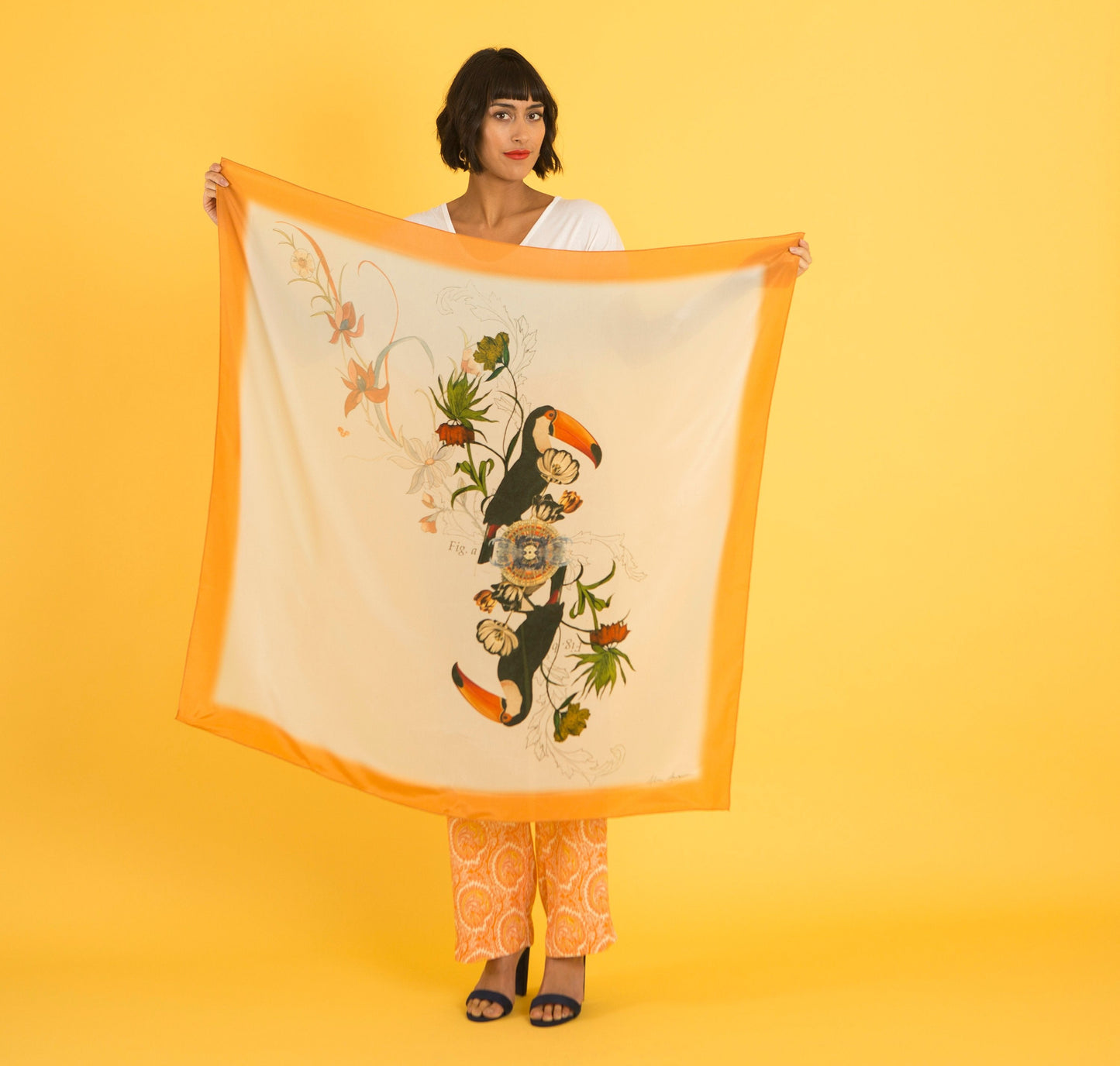 Square silk scarf with orange boarder 'Toucan Silk' – Myza