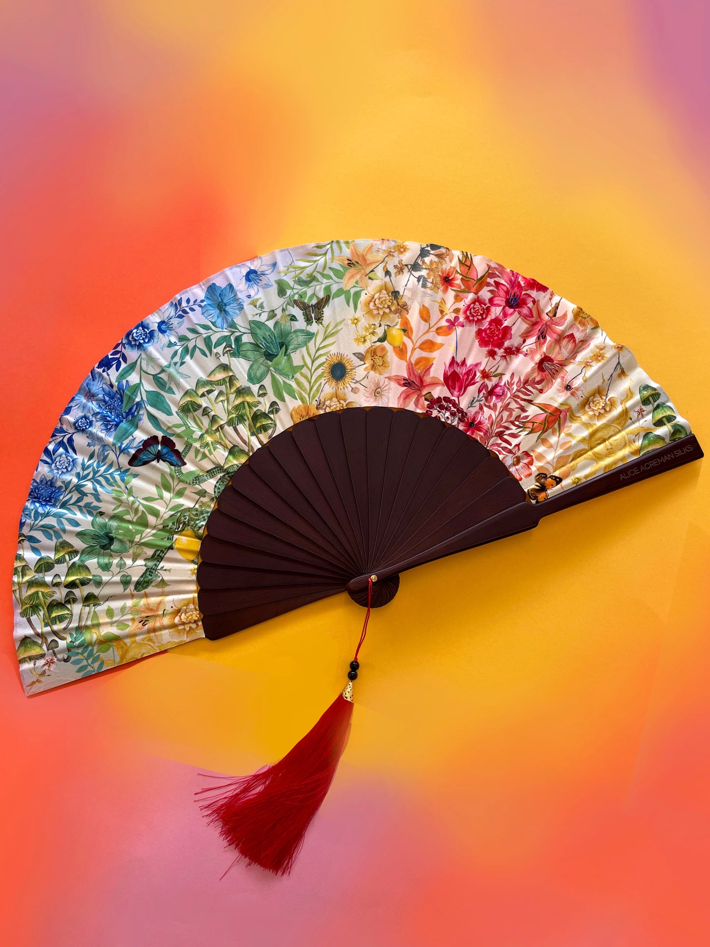 Colourful Silk folding hand fan 'kaleido-bloom' print with floral & na ...